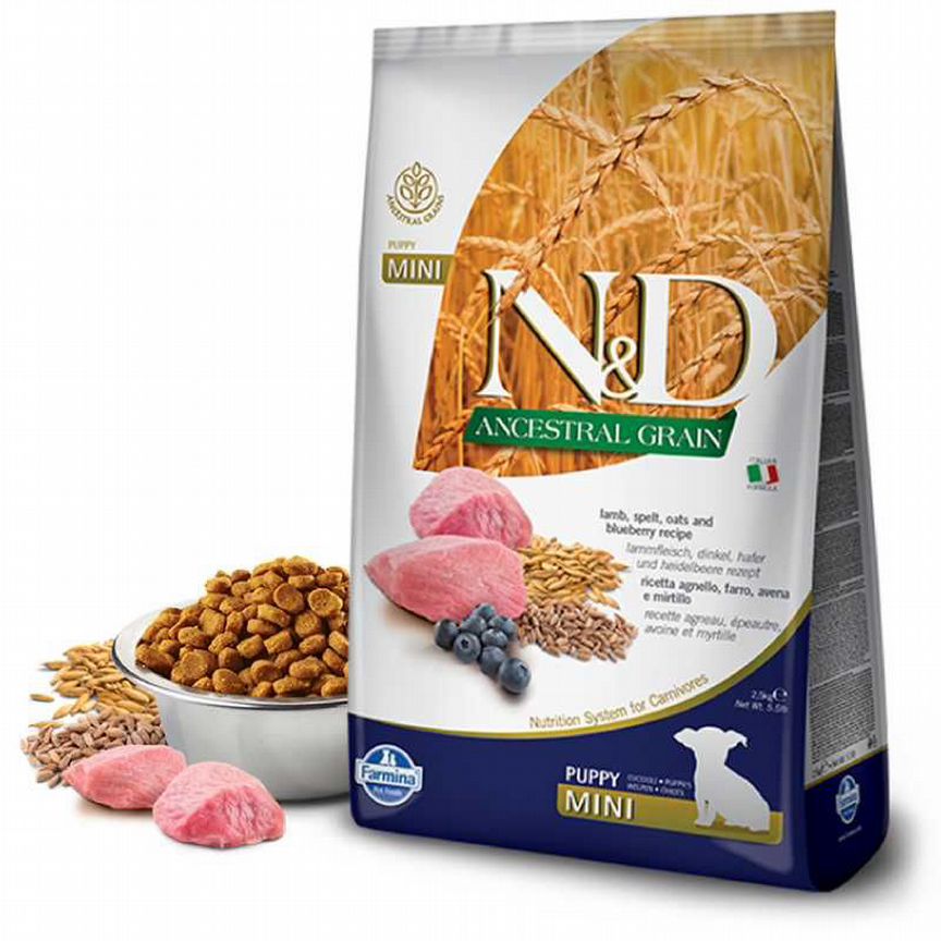 Сухой корм farmina N&D Ancestral Grain для щенков мелких пород с ягненком и черникой - 7 кг