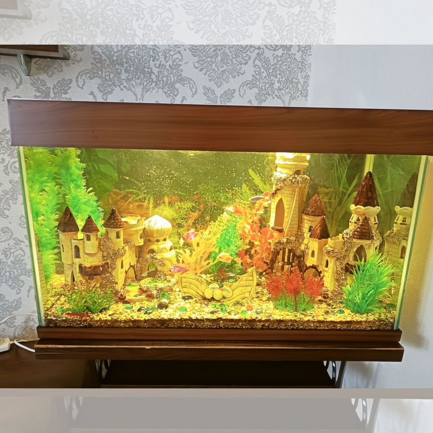 Аквариум с тумбой, декорациями и рыбками 130 л