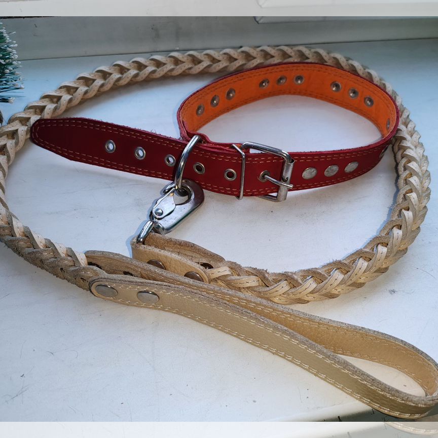 Ошейник с поводком кожа