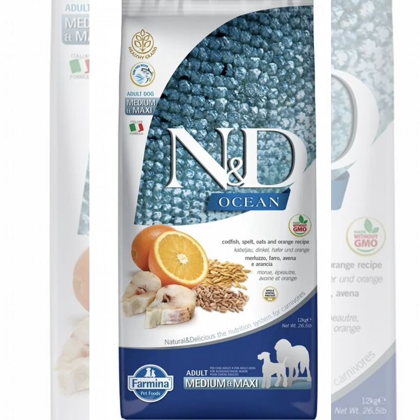 Farmina N&D Ocean Adult Medium&Maxi,треска,12 кг