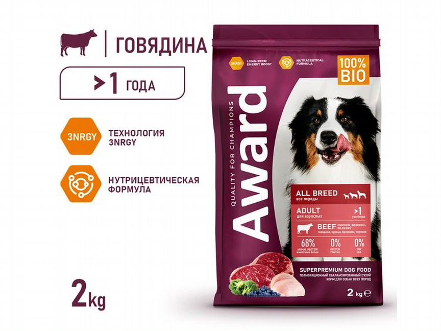 Корм Award д/собак всех пород, говядина/курица 2кг