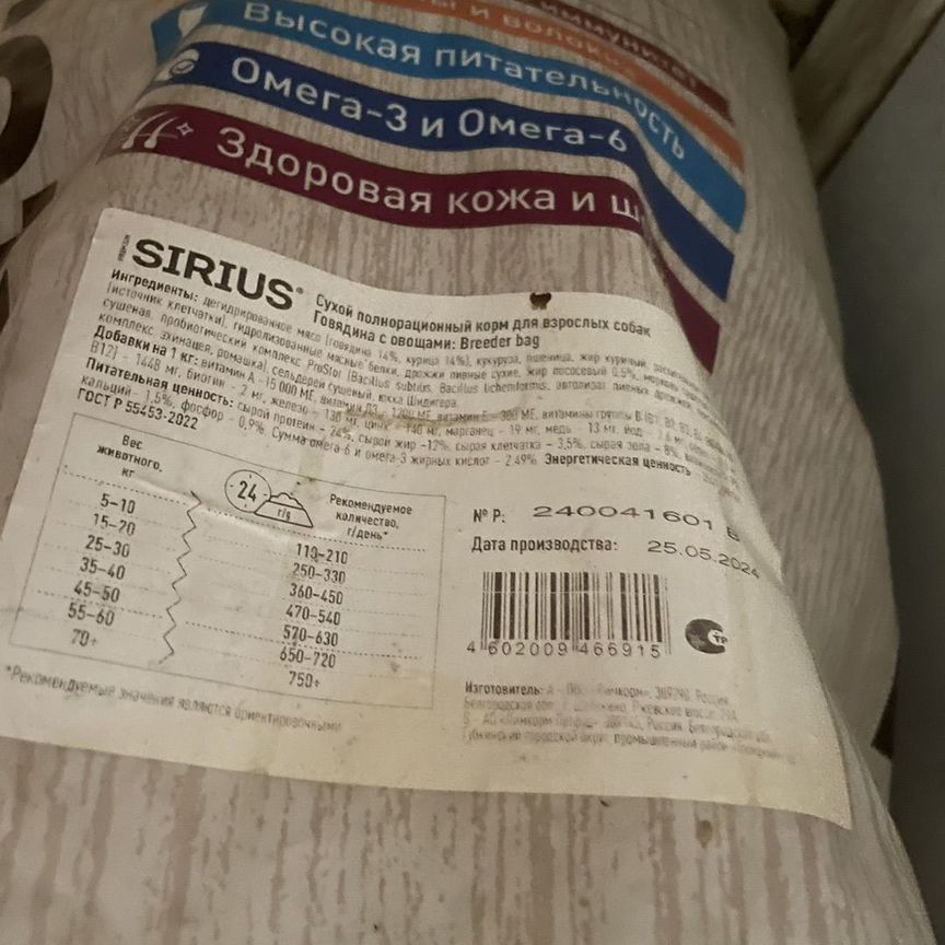 Корм для собак сириус на развес