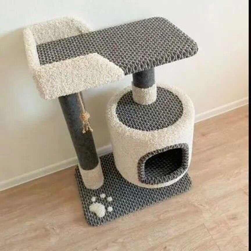 Когтеточка с домиком и лежанкой напольная 90х40х60