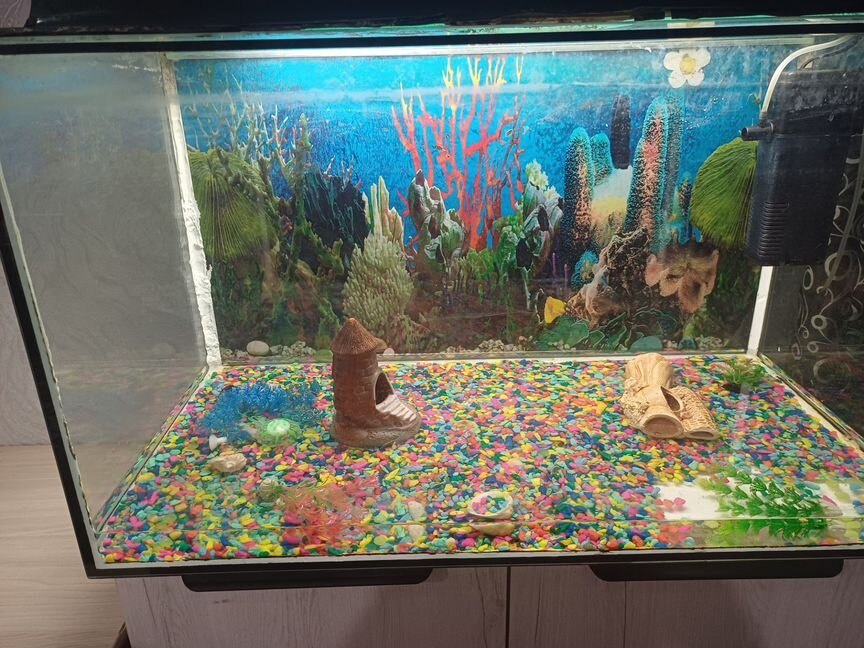 Аквариум со светом, фильтром, грелкой, урашениями